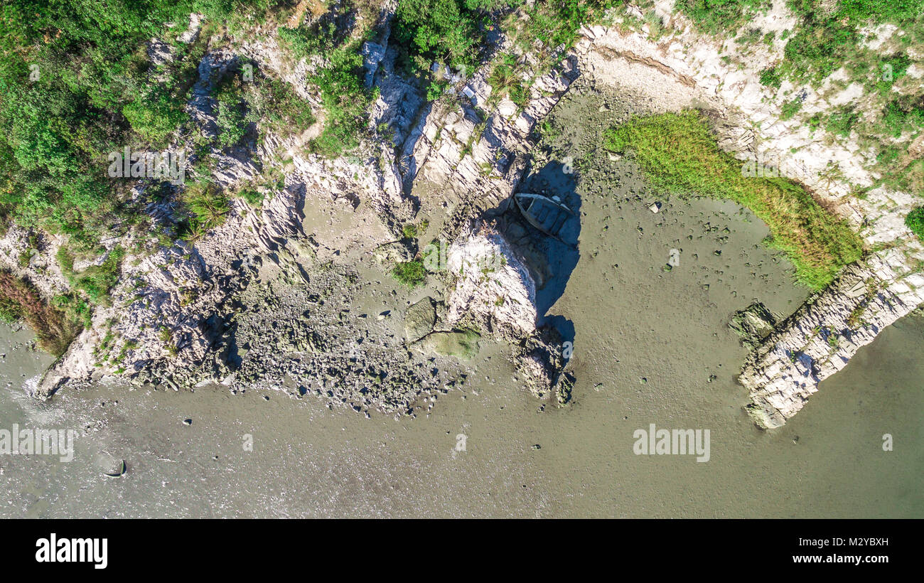 Top aerial view pollution and dirt from the sea water, seen from above ...
