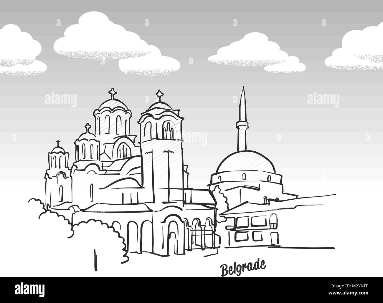 Belgrade, Serbia famous landmark sketch. Lineart drawing by hand ...