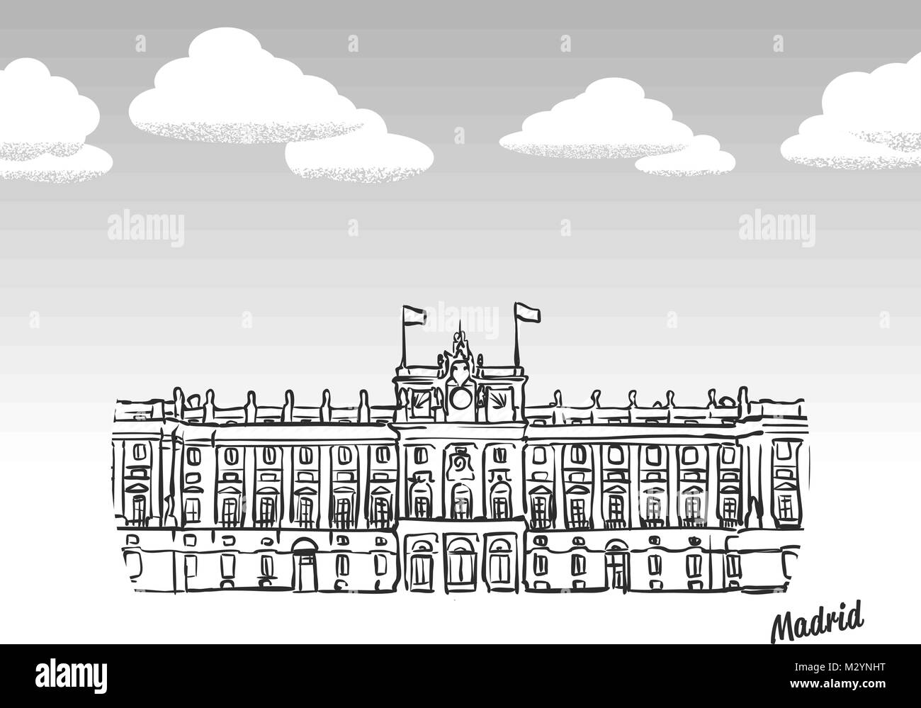 Madrid, Spain famous landmark sketch. Lineart drawing by hand. Greeting ...