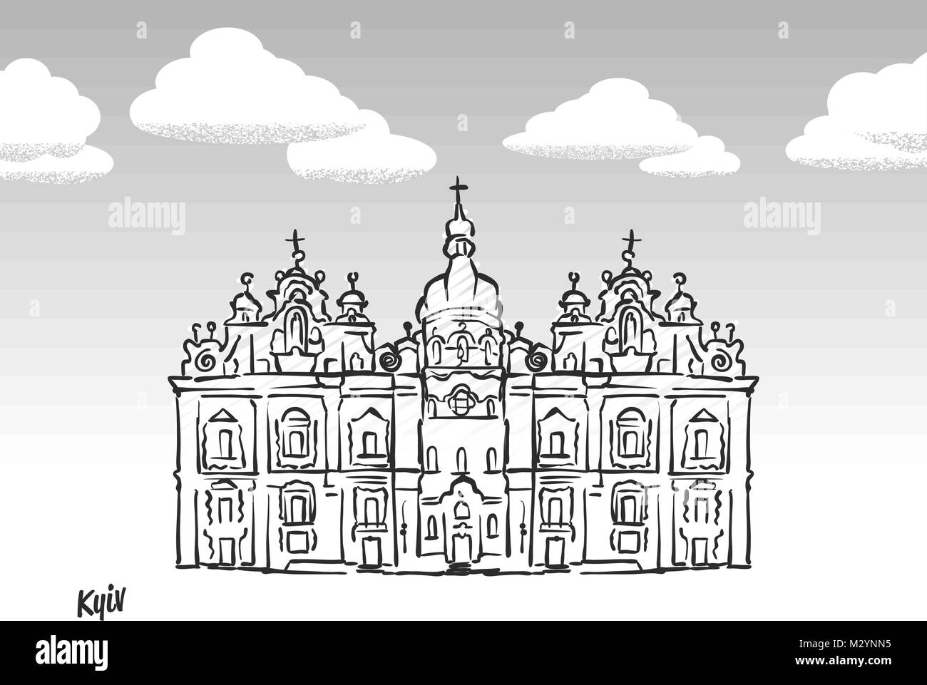 Kyiv, Ukraine famous landmark sketch. Lineart drawing by hand. Greeting ...