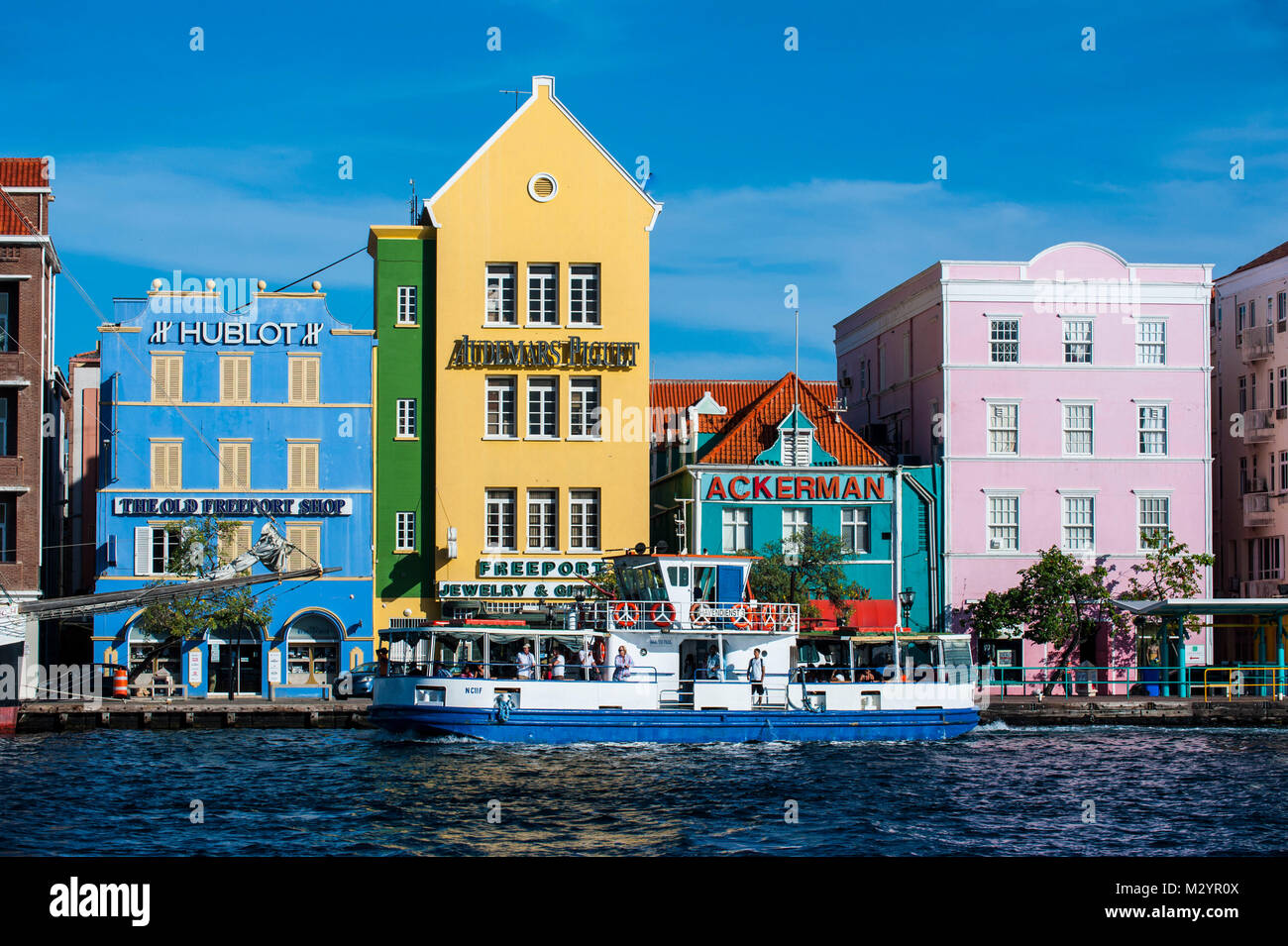 The dutch houses at the Sint Annabaai in Wilemstad City, capital of ...