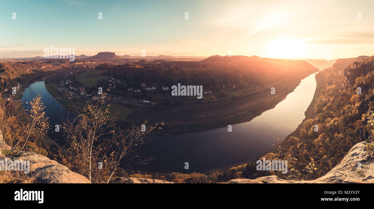 The view from the Elbe sandstone mountains (Elbsandsteingebirge) in ...