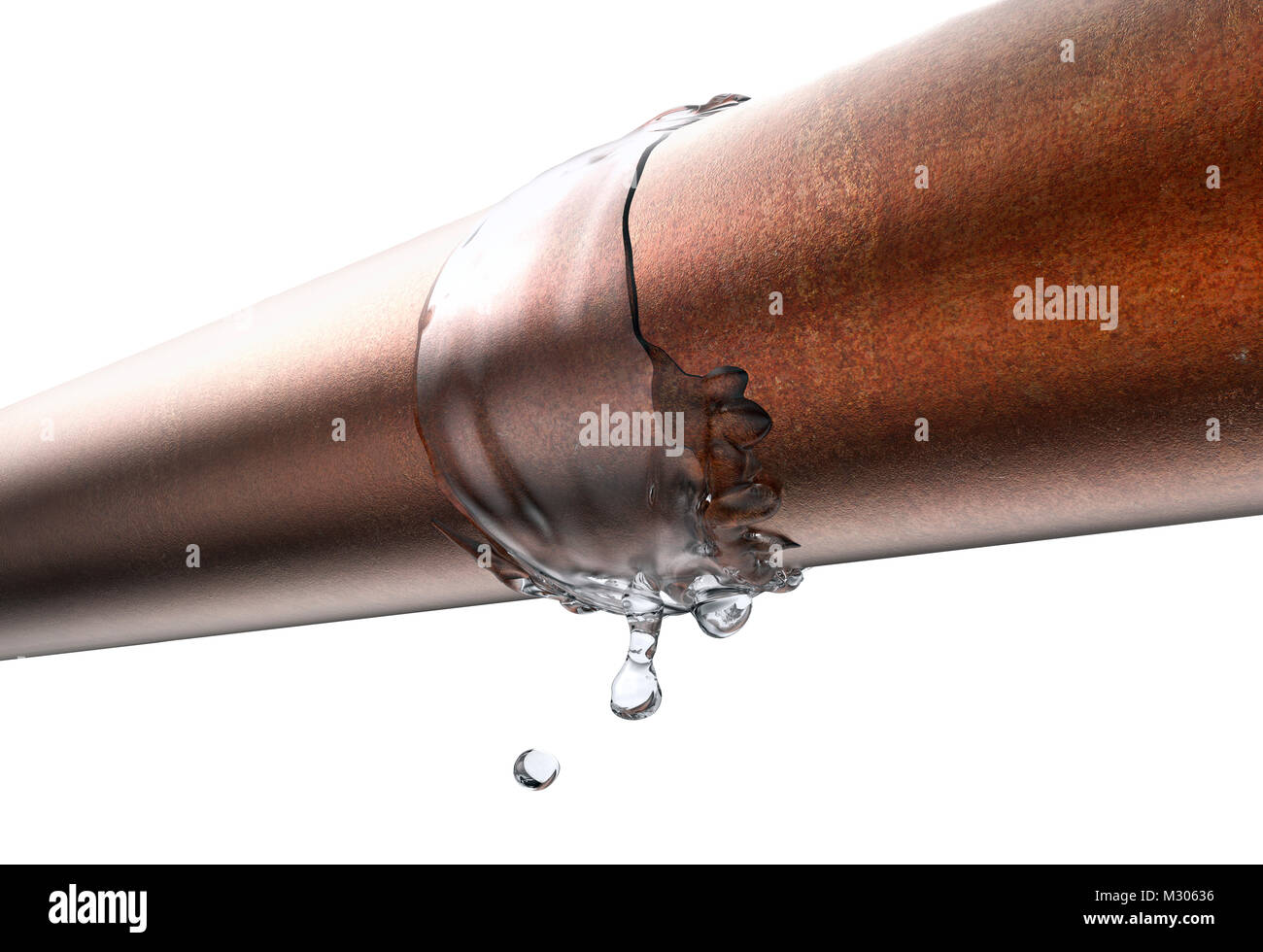 broken pipe is leaking water, isolated on white. 3d illustration Stock ...