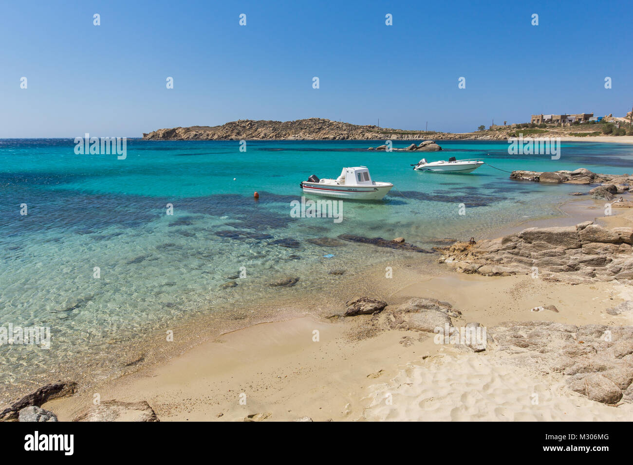 Clear waters of Paranga Beach on the island of Mykonos, Cyclades ...