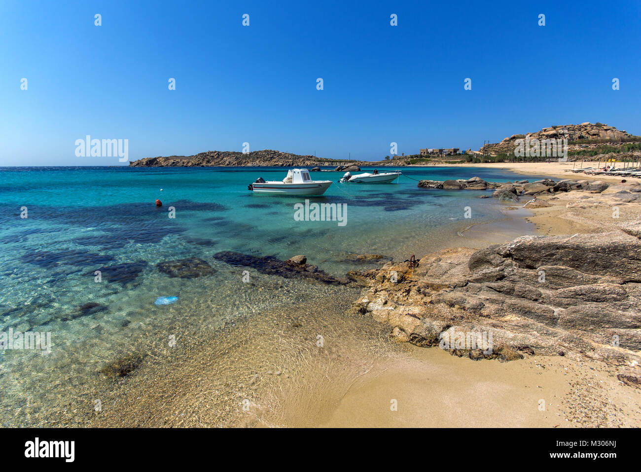 Clear waters of Paranga Beach on the island of Mykonos, Cyclades ...