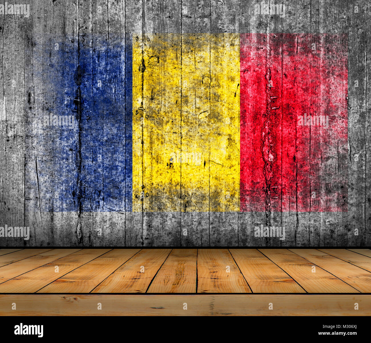 Chad flag painted on background texture gray concrete with wooden floor ...