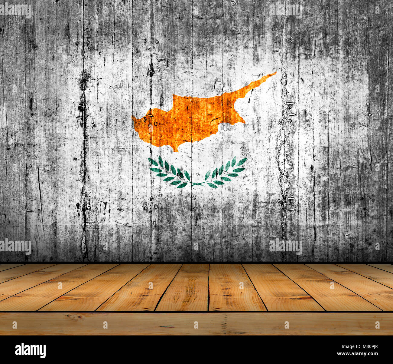 Cyprus flag painted on background texture gray concrete with wooden ...