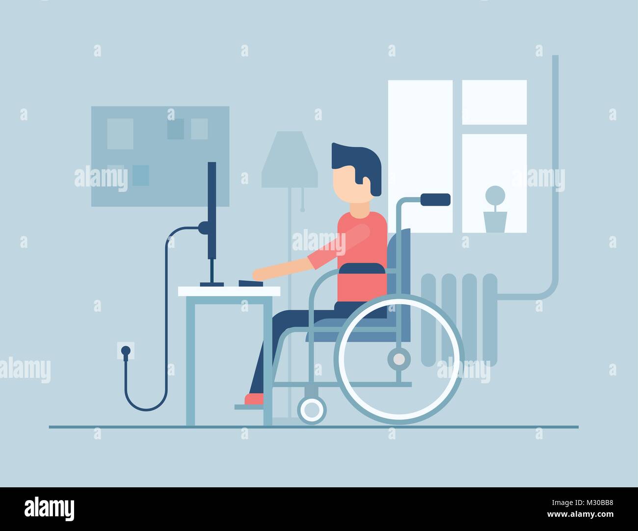 Disabled man working at home - flat design style illustration Stock ...