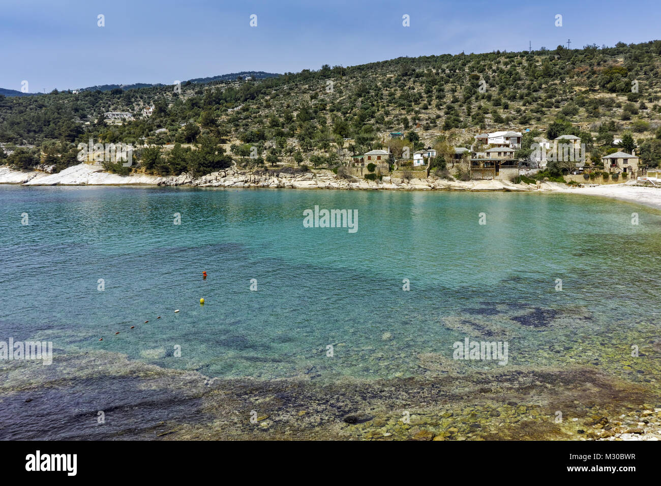 Panoramic view to village and beach of Aliki, Thassos island, East ...