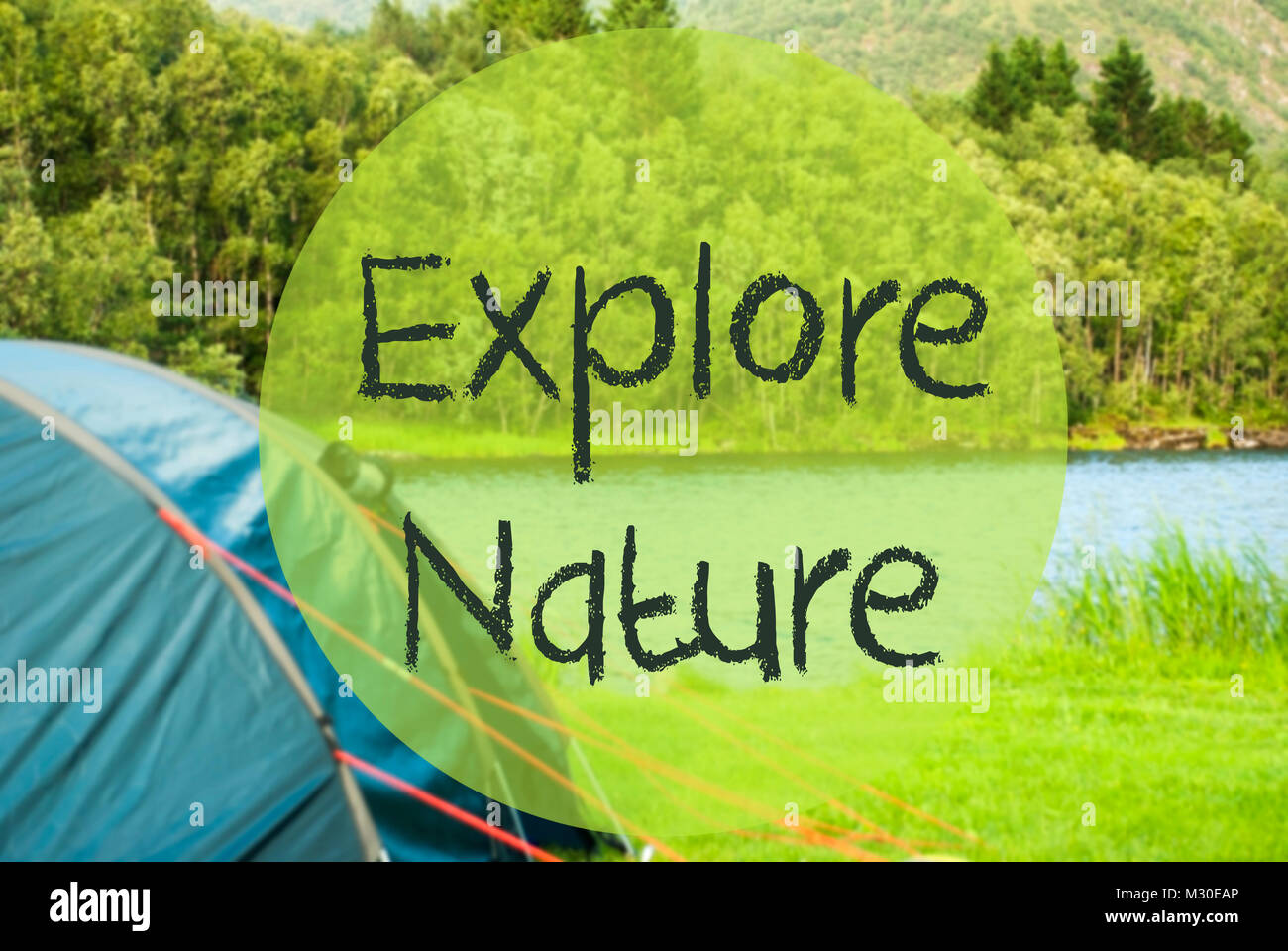 Lake Camping, Text Explore Nature Stock Photo - Alamy