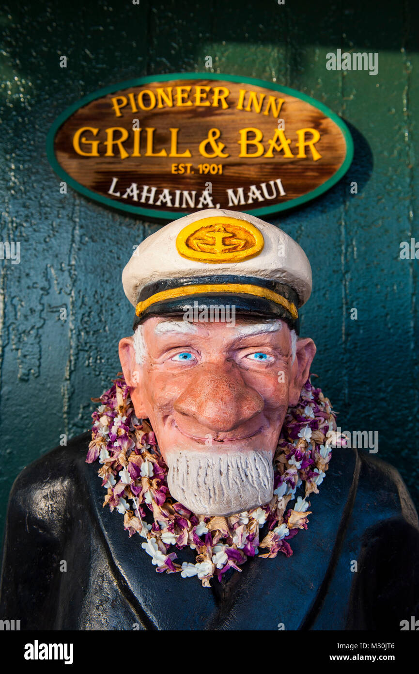 Plastic captain before a restaurant in Lahaina, Maui, Hawaii Stock ...