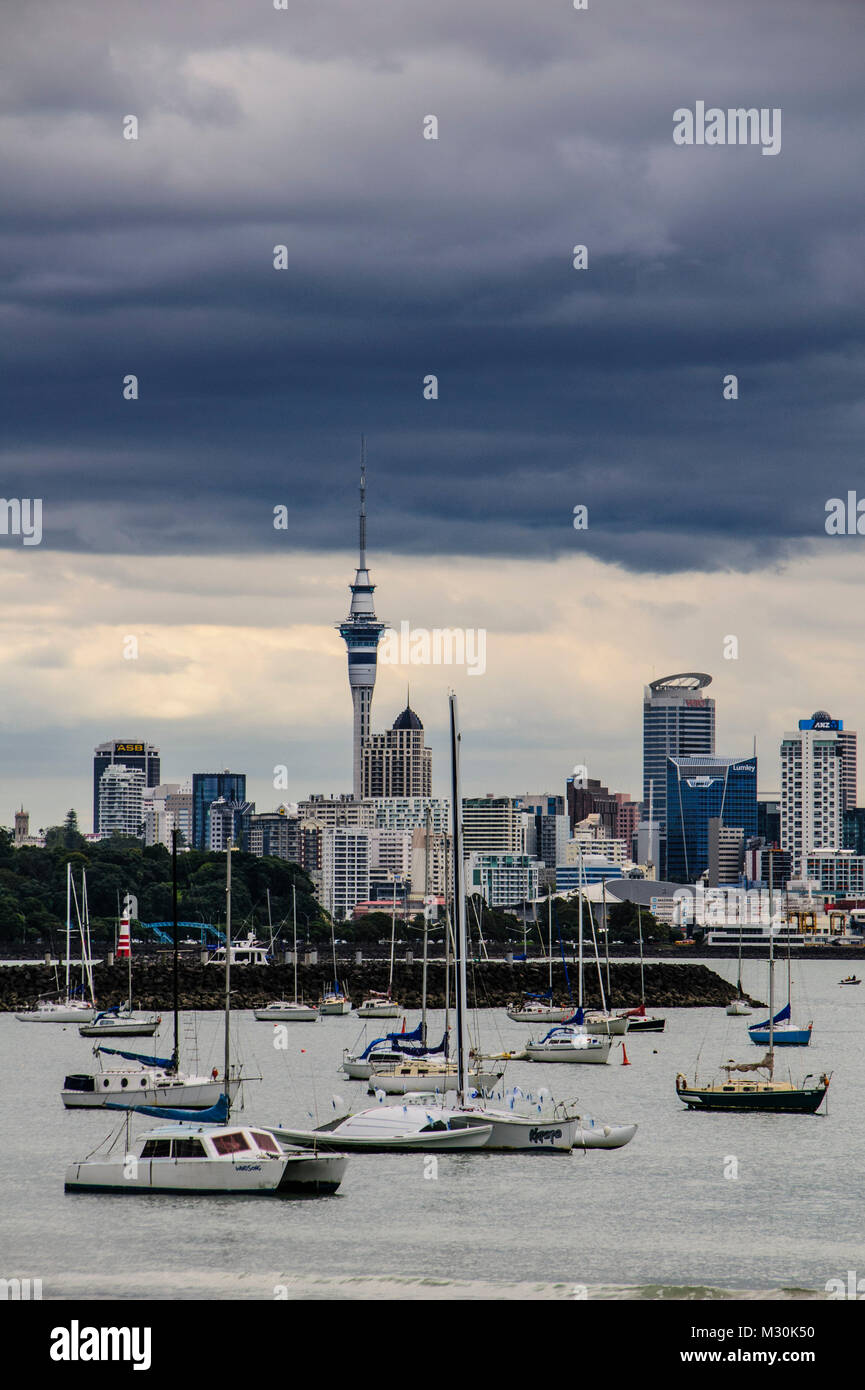 The harbour of Auckland with the skyline in the background, New Zealand ...