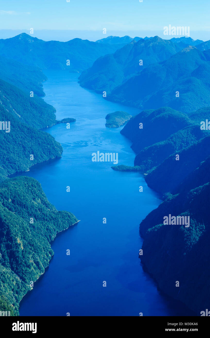 Aerial of a huge fjord in Fjordlands, South Island, New Zealand Stock ...