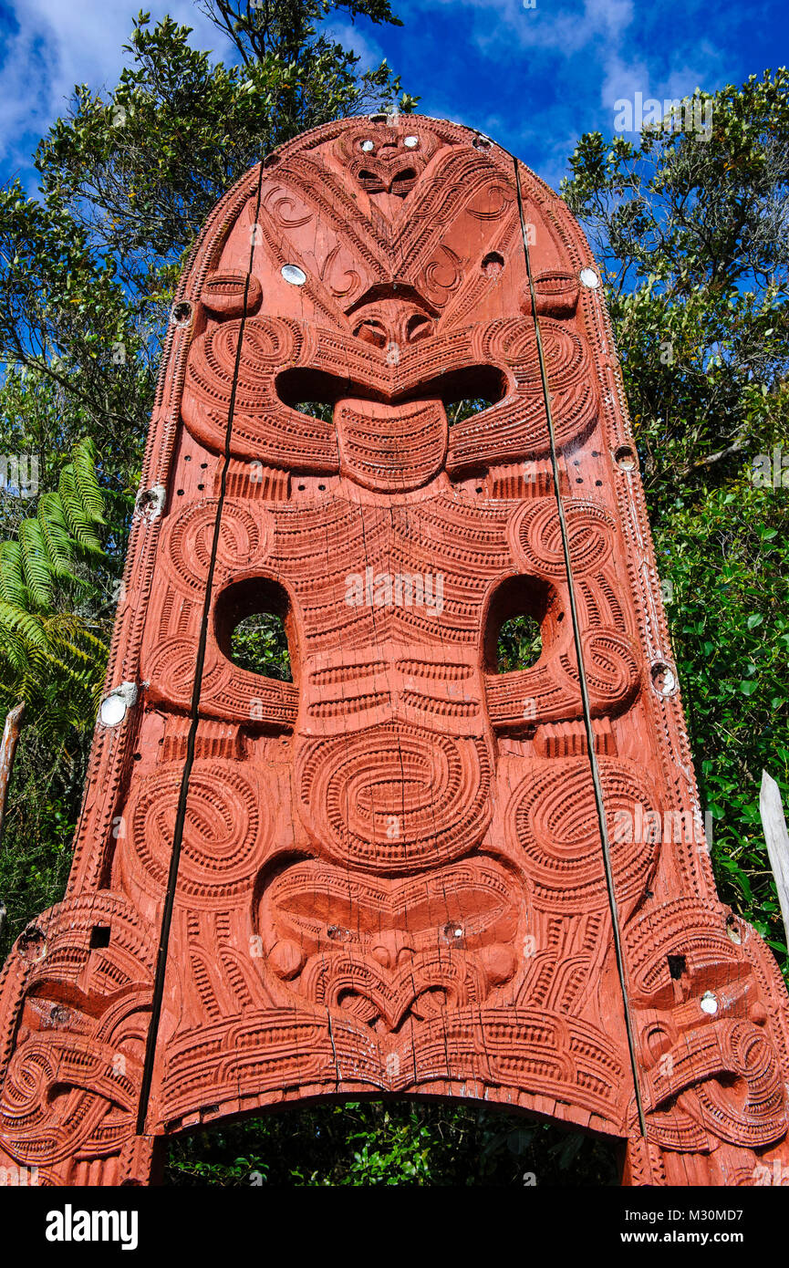 Woodecarved entrance at the te puia maori cultural center hi-res stock ...