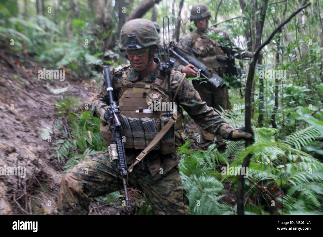 Leads his squad through the thick jungle to begin a live-fire exercise ...