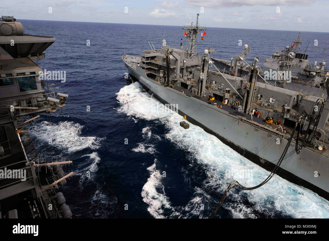 USS John C. Stennis pulls alongside USNS Bridge during a replenishment ...