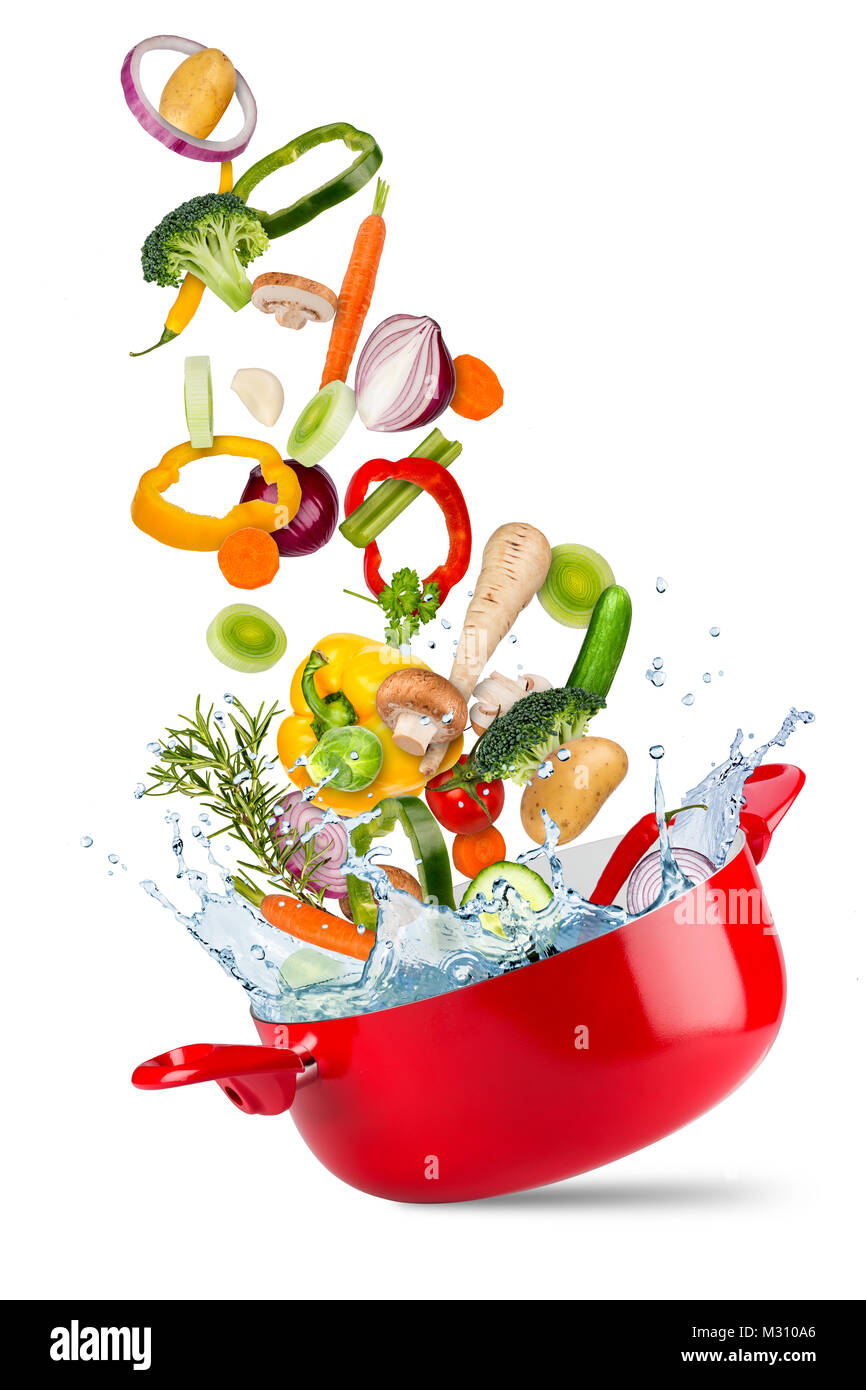 fresh ingredients falling flying into red cooking pot with water splash ...