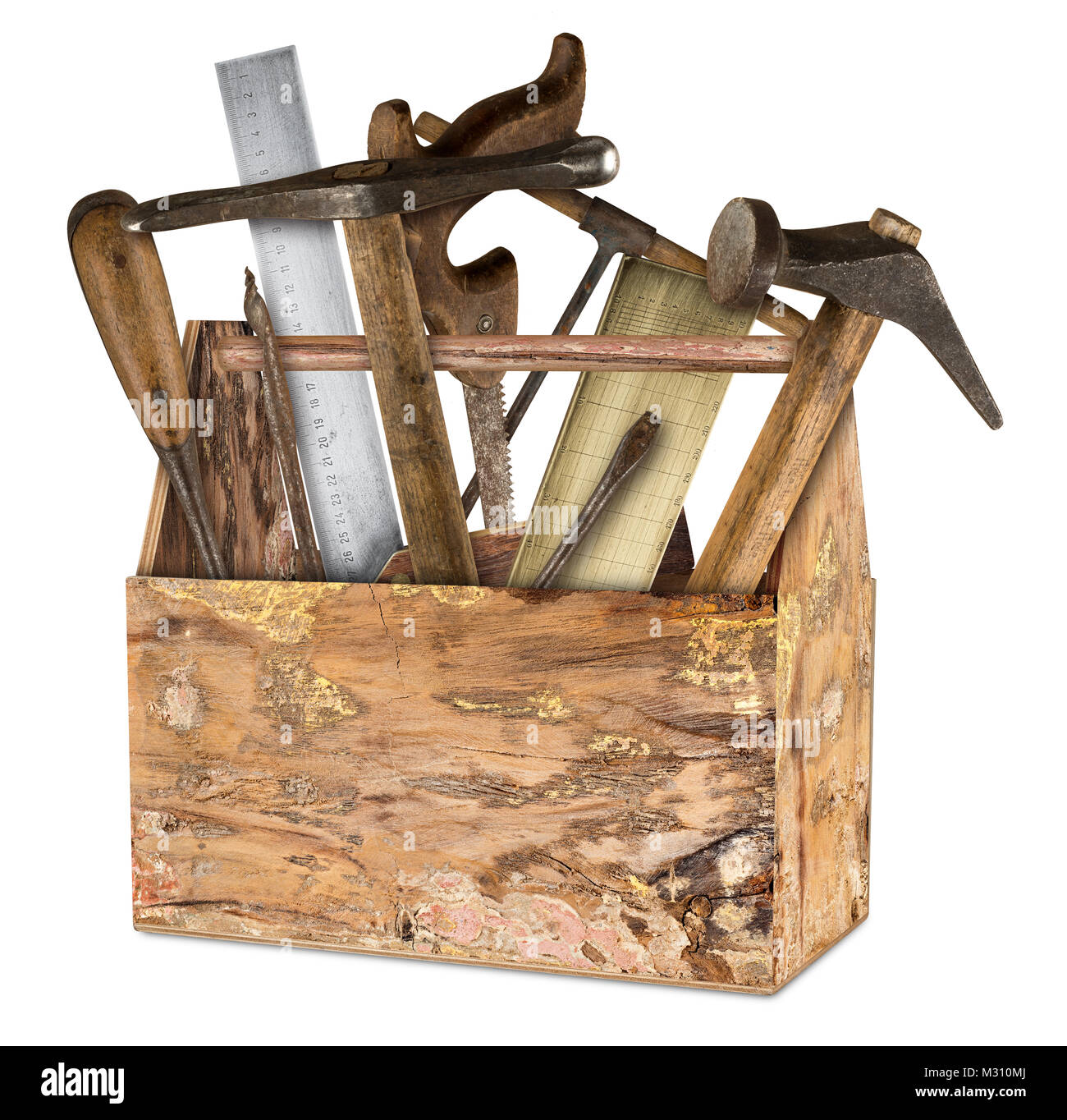 wooden old rustic retro box filled with vintage hand tools isolated on ...