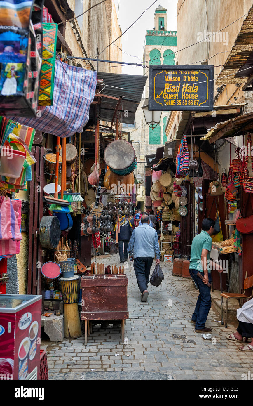 shops in the narrow alleys in old town (medina) of Fez, Morocco, Africa ...