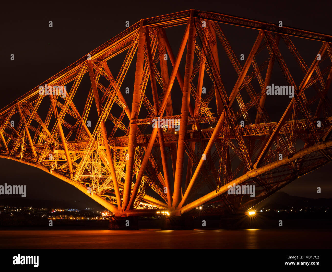 Close up detail of the Forth Rail BridgeSouth Queensferry at night ...