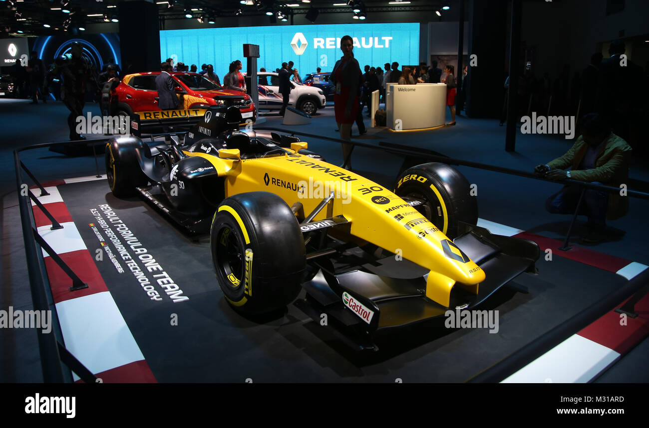 Noida, India. 08th Feb, 2018. A Racing car at the company's pavilion ...