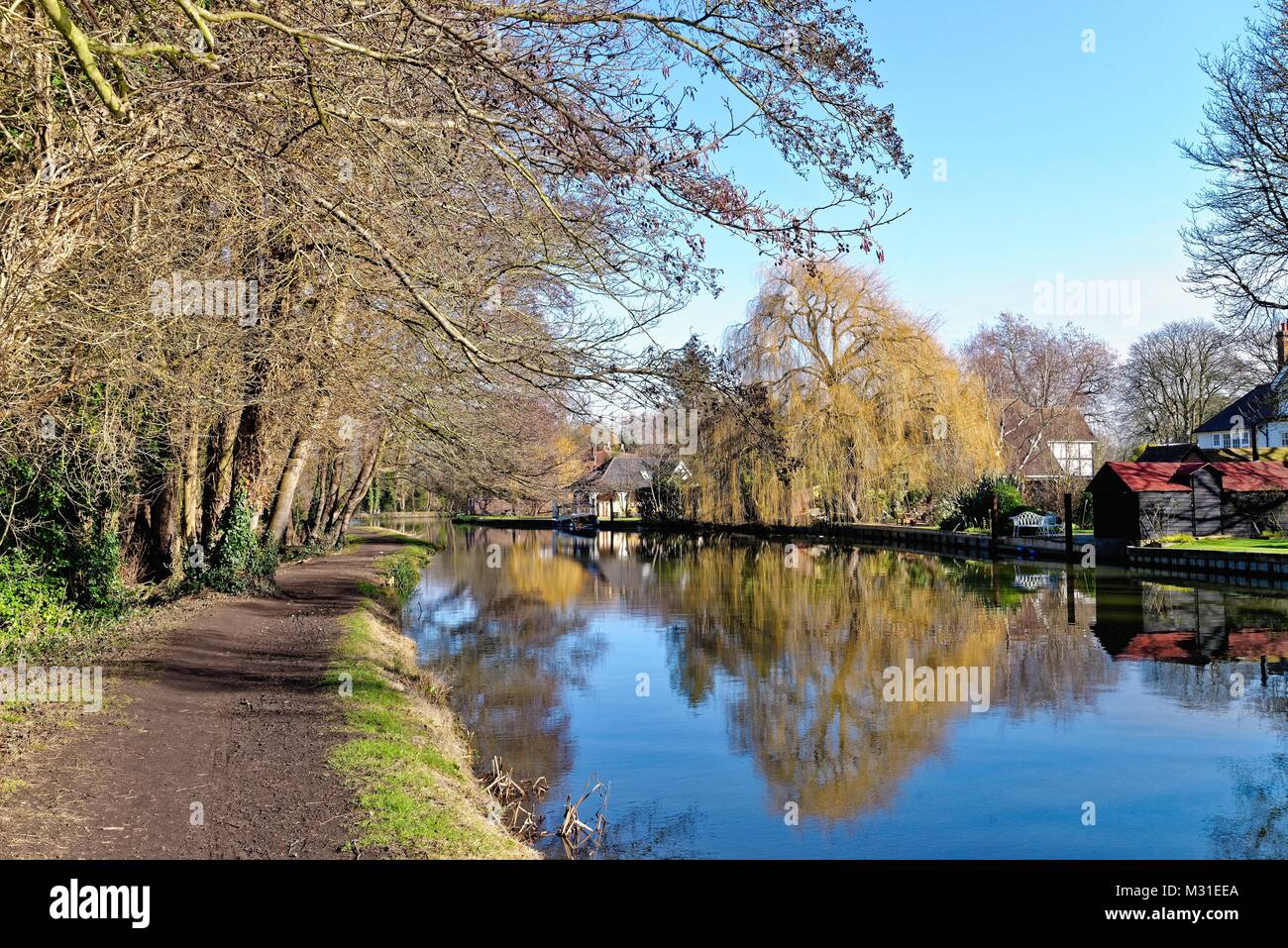 Quiet backwater of the River Wey navigation in Weybridge Surrey England ...