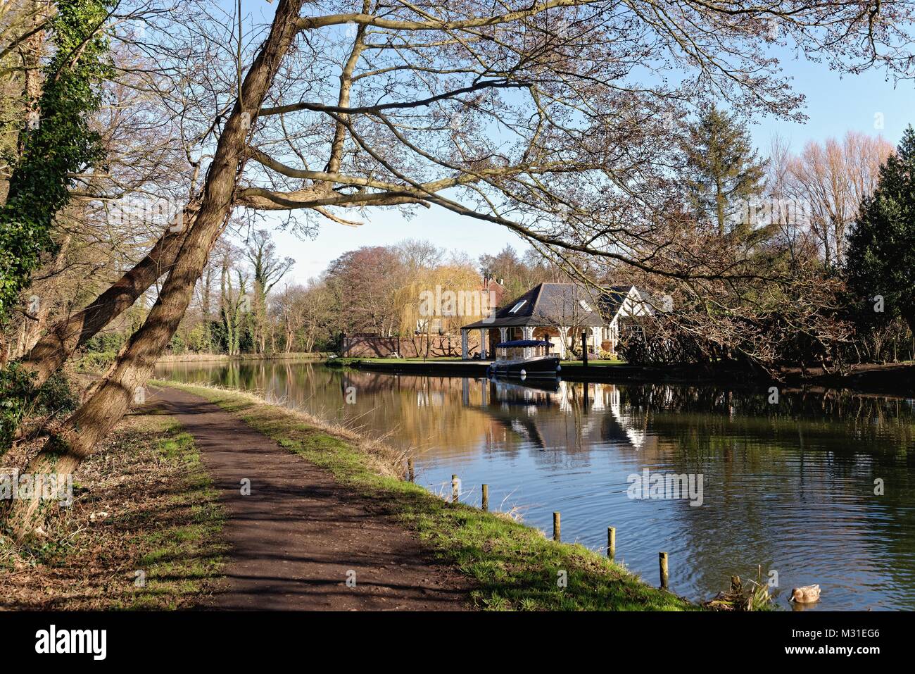 Quiet backwater of the River Wey navigation in Weybridge Surrey England ...