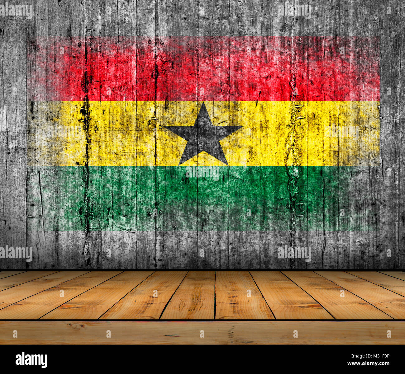 Ghana flag painted on background texture gray concrete with wooden ...