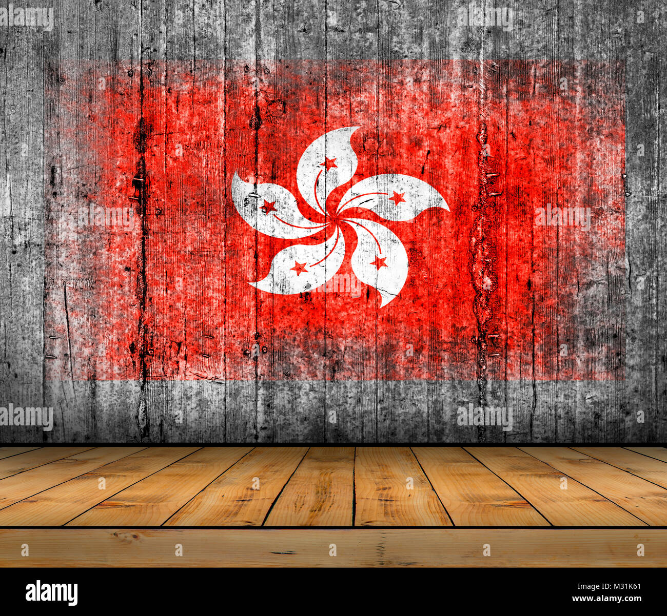 Hong Kong flag painted on background texture gray concrete with wooden ...
