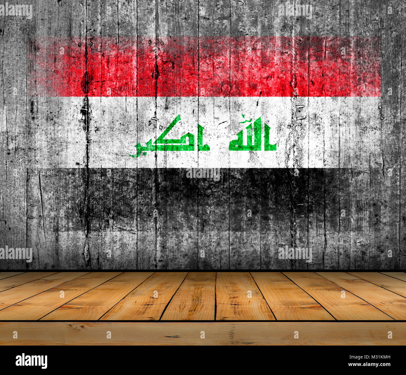 Iraq flag painted on background texture gray concrete with wooden floor ...