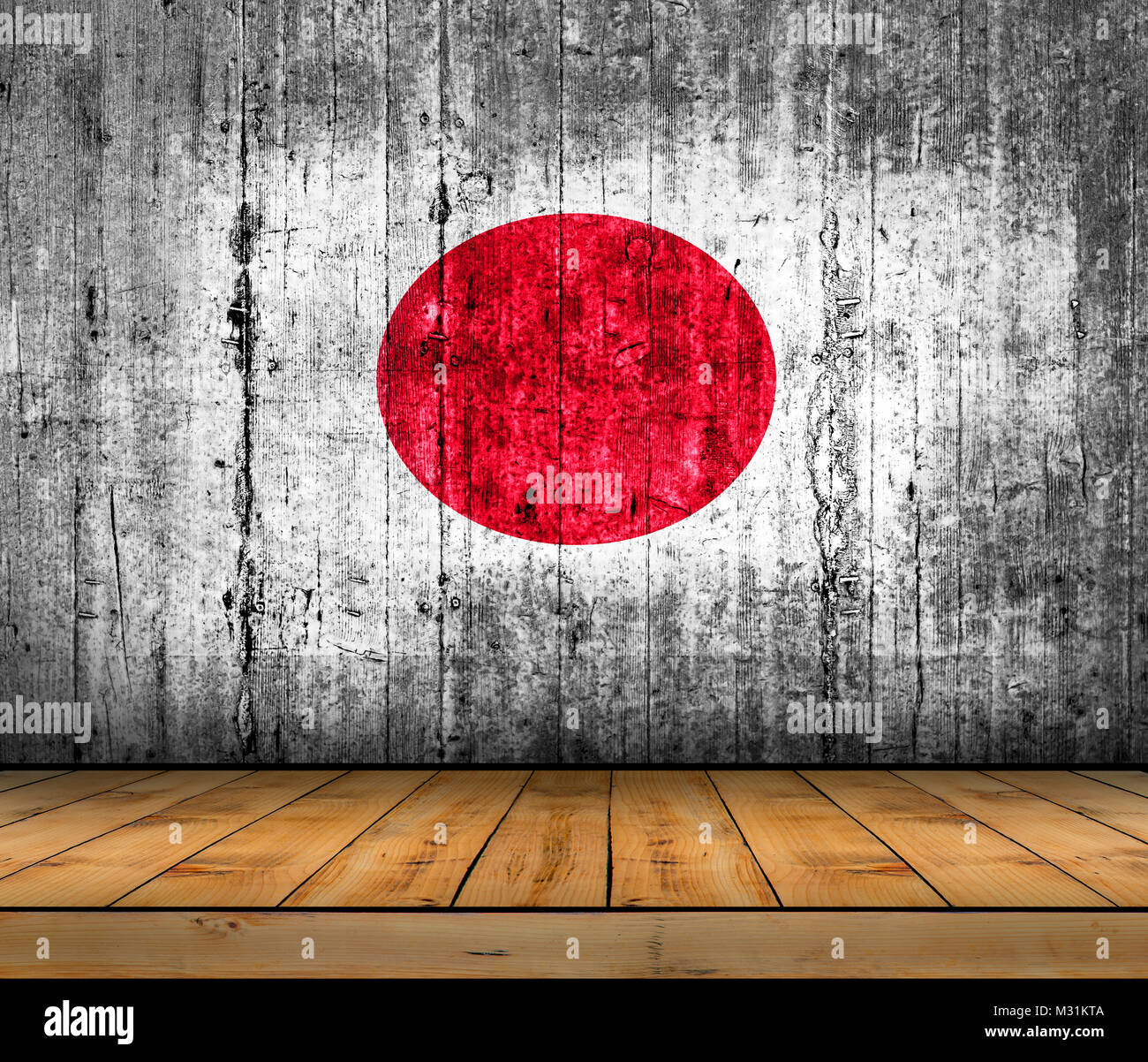 Japan flag painted on background texture gray concrete with wooden ...