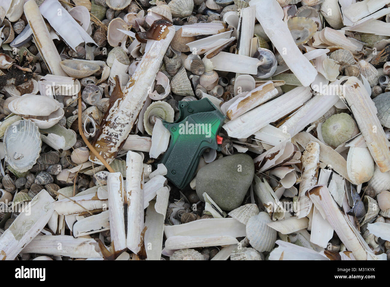 Plastic in the sea. Part of a plastic toy gun lying on shells on a UK ...