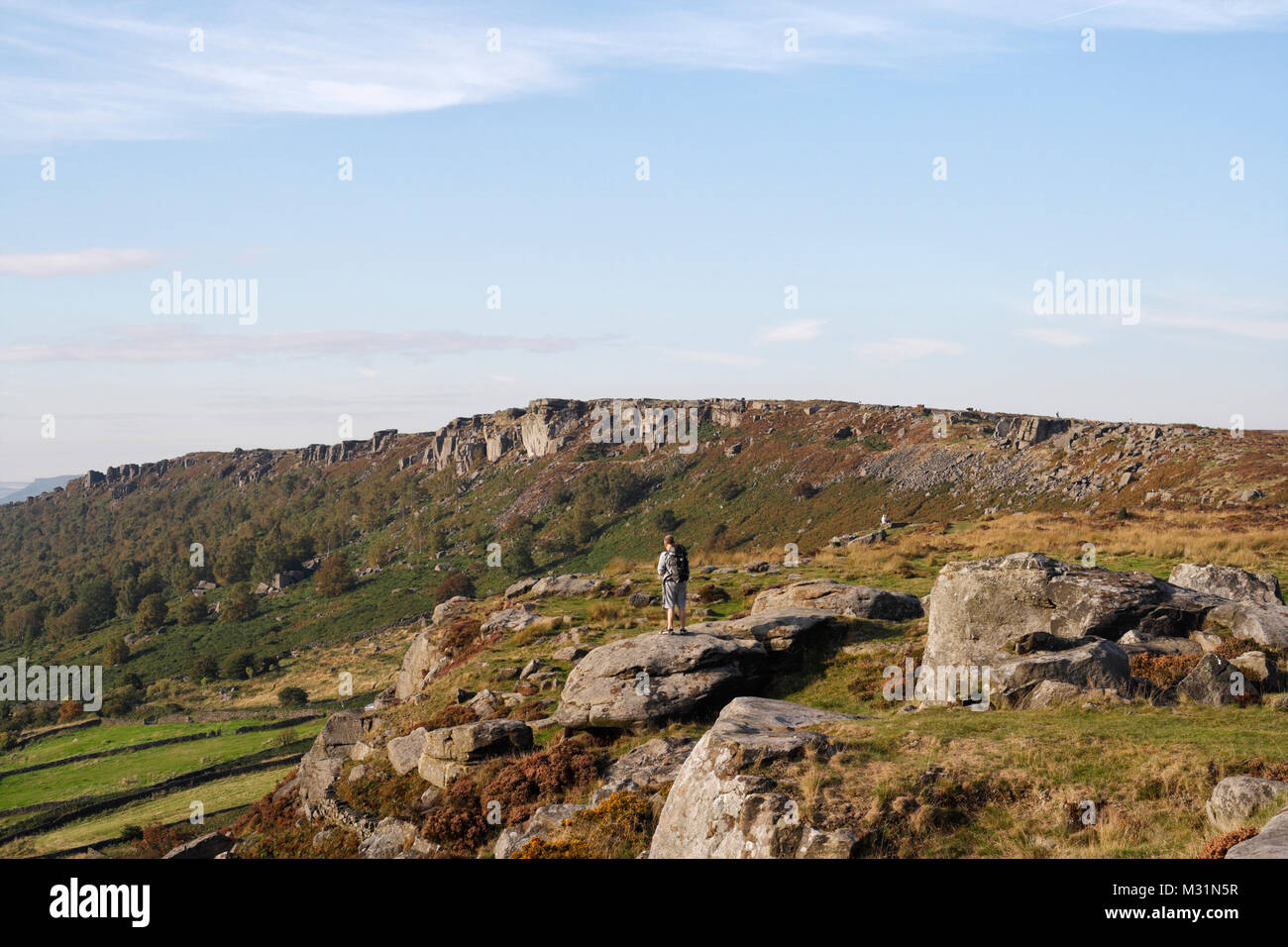 lone person standing on Baslow Edge looking at Curbar Edge, Peak ...