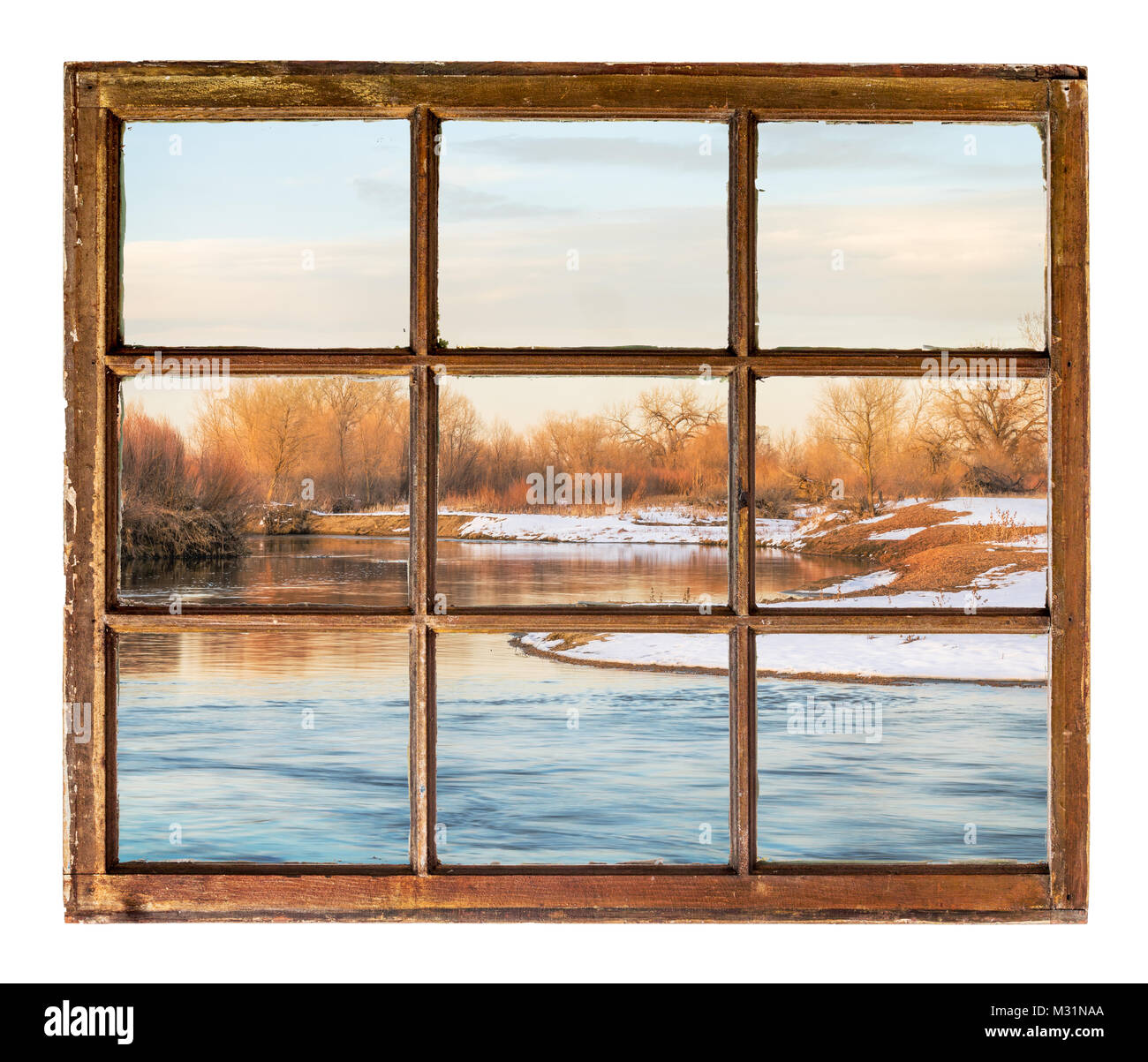 small prairie river in winter scenery as seen through vintage, grunge ...