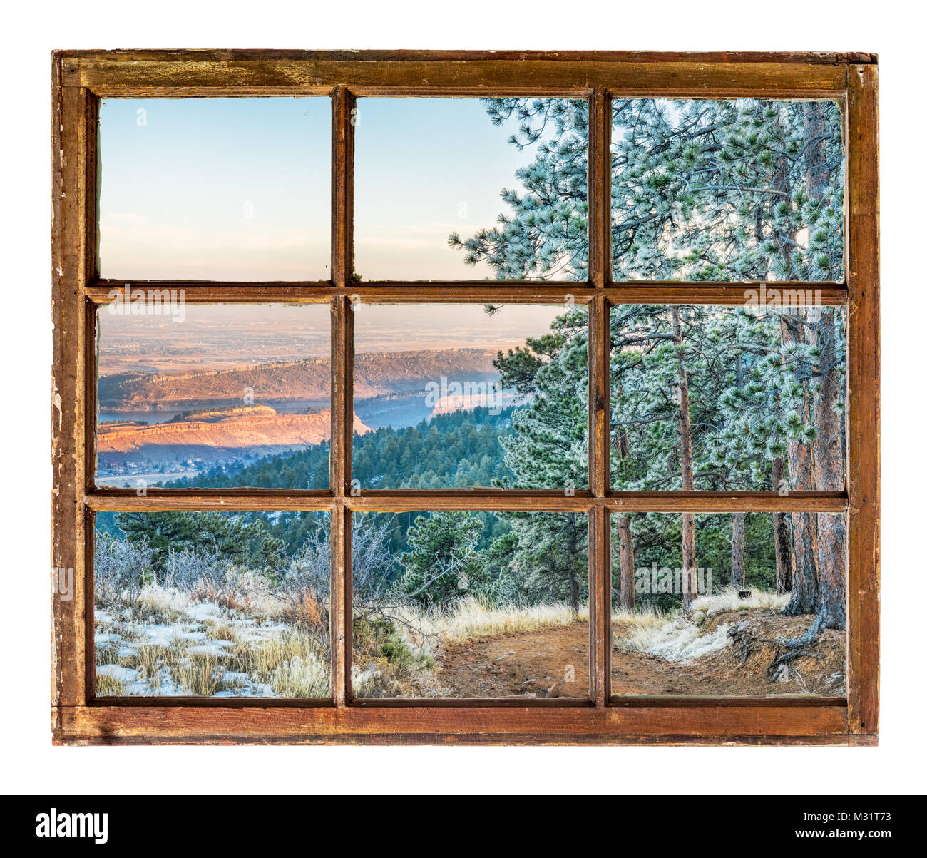 Colorado foothills in winter scenery as seen through vintage, grunge ...