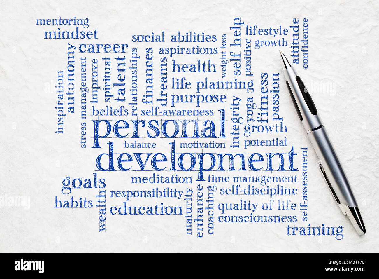 personal development word cloud - handwriting on a white textured paper ...