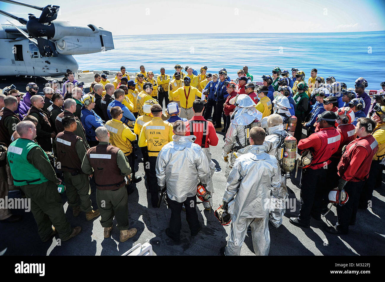 Sailors and Marines after a flight deck fire drill aboard the ...