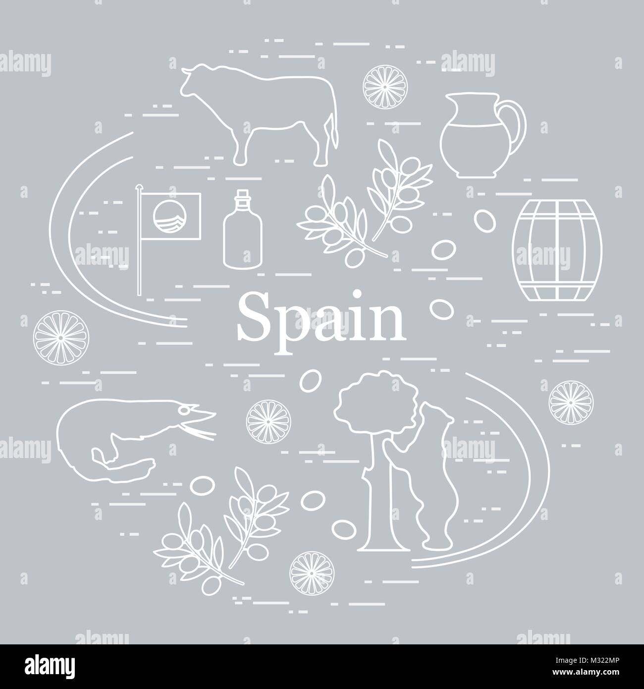 Vector illustration with various symbols of Spain arranged in a circle ...
