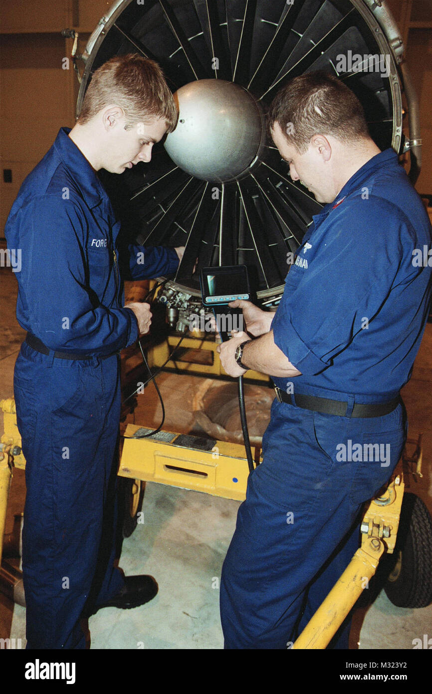 Maintainers at VR-56 use the video probe XL on the Pratt Whitney JT8D ...