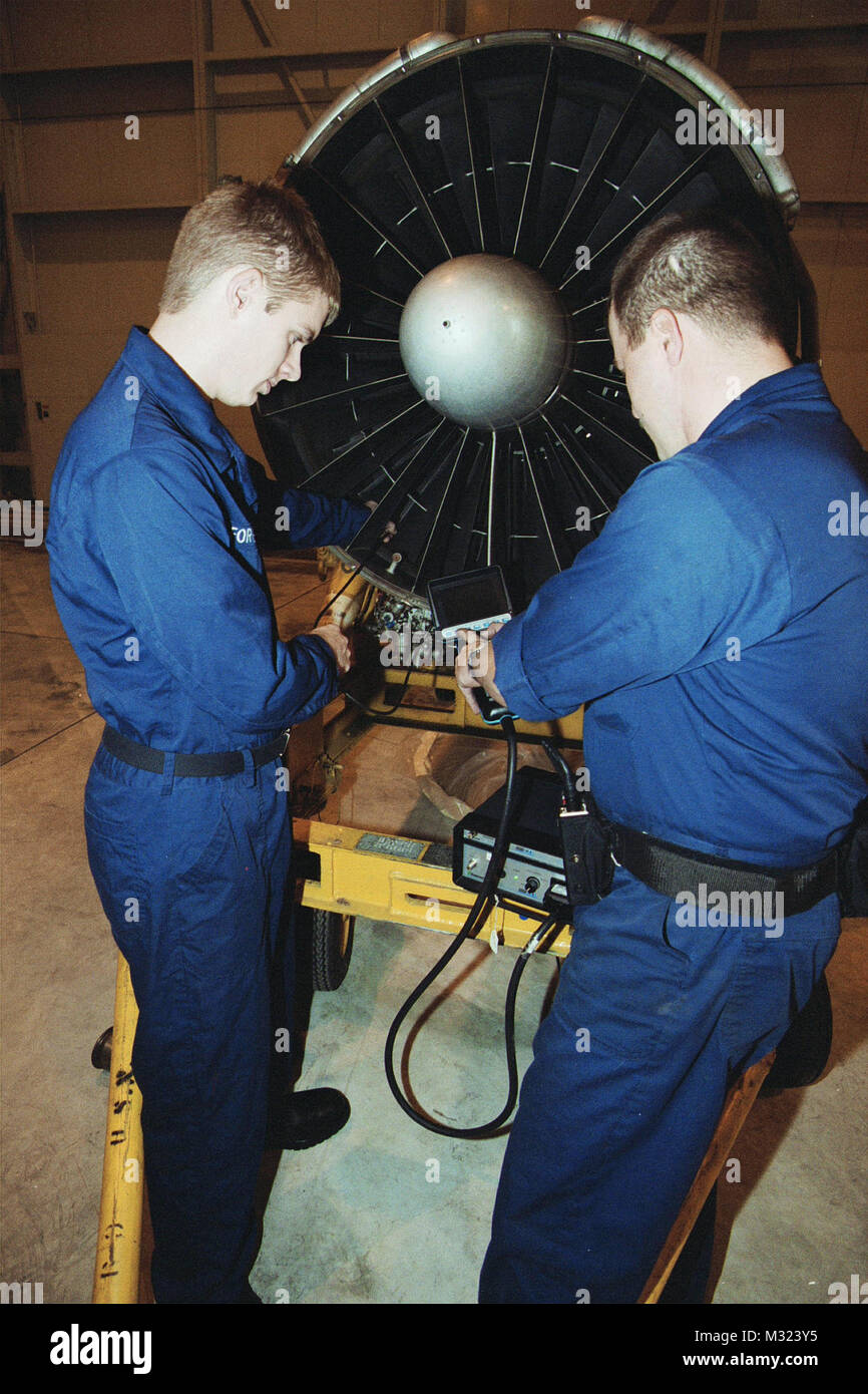 Maintainers at VR-56 use the video probe XL on the Pratt Whitney JT8D ...