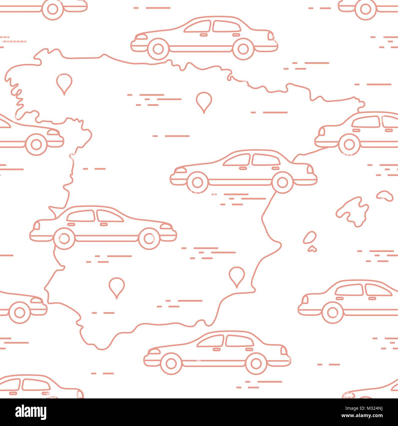 Pattern with cars and map of Spain. Travel and leisure. Design for ...