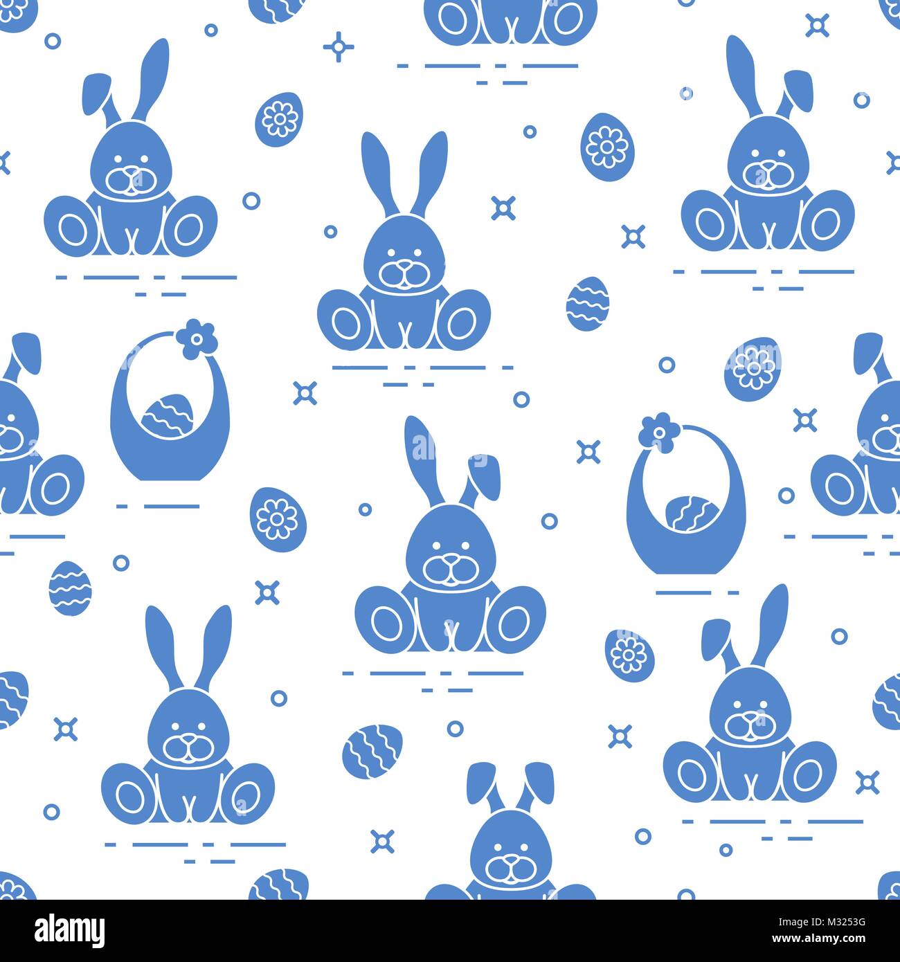 Seamless pattern with Easter symbols. Rabbits, eggs, baskets of decorated eggs Stock Vector ...
