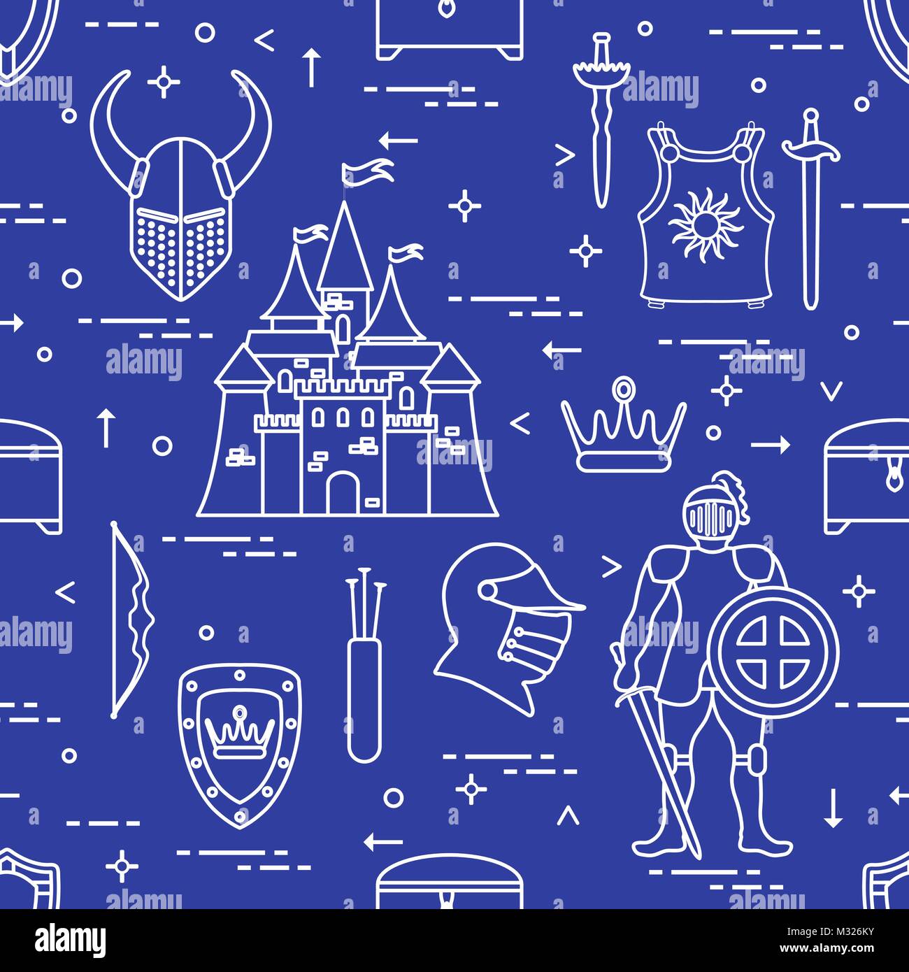 Seamless pattern with knight, castle, shields, swords, cuirass, helmet ...