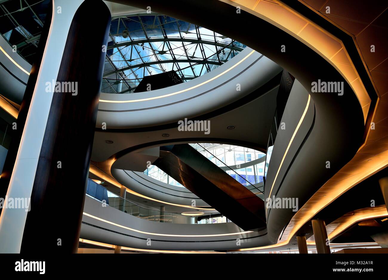 Singapore - January 6 2018: Futuristic atrium of a hi-tech office ...