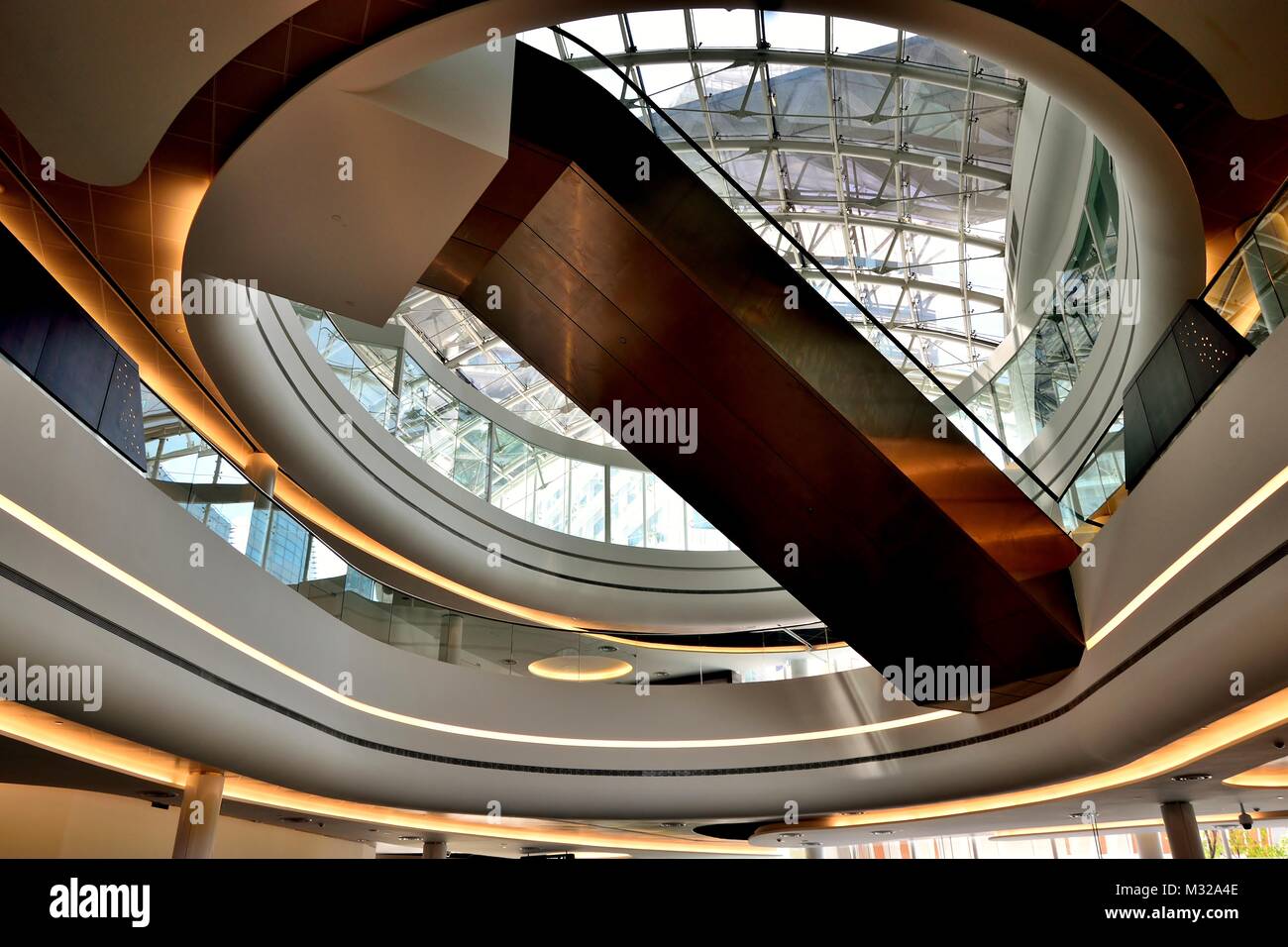 Singapore - January 6 2018: Futuristic atrium of a hi-tech office ...