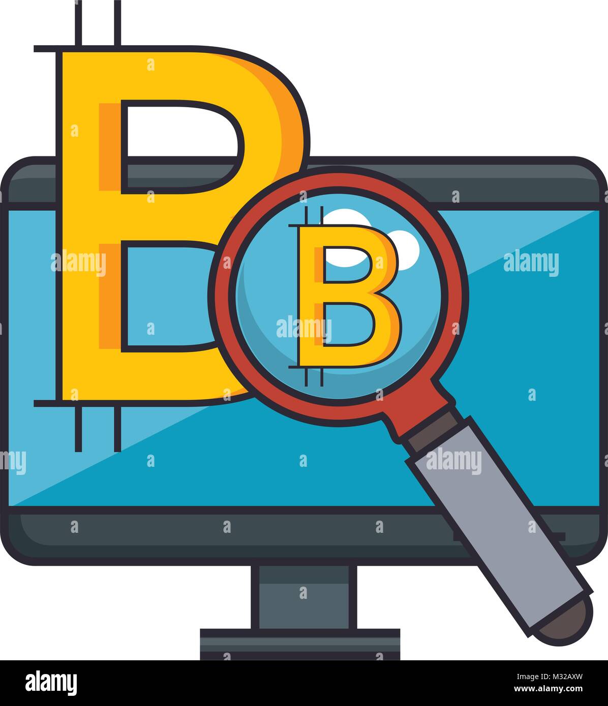 monitor computer with magnifying glass and bitcoin symbol Stock Vector ...