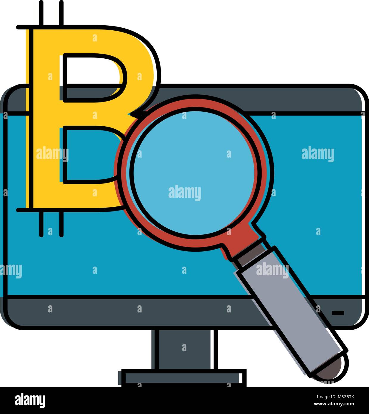 monitor computer with magnifying glass and bitcoin symbol Stock Vector ...