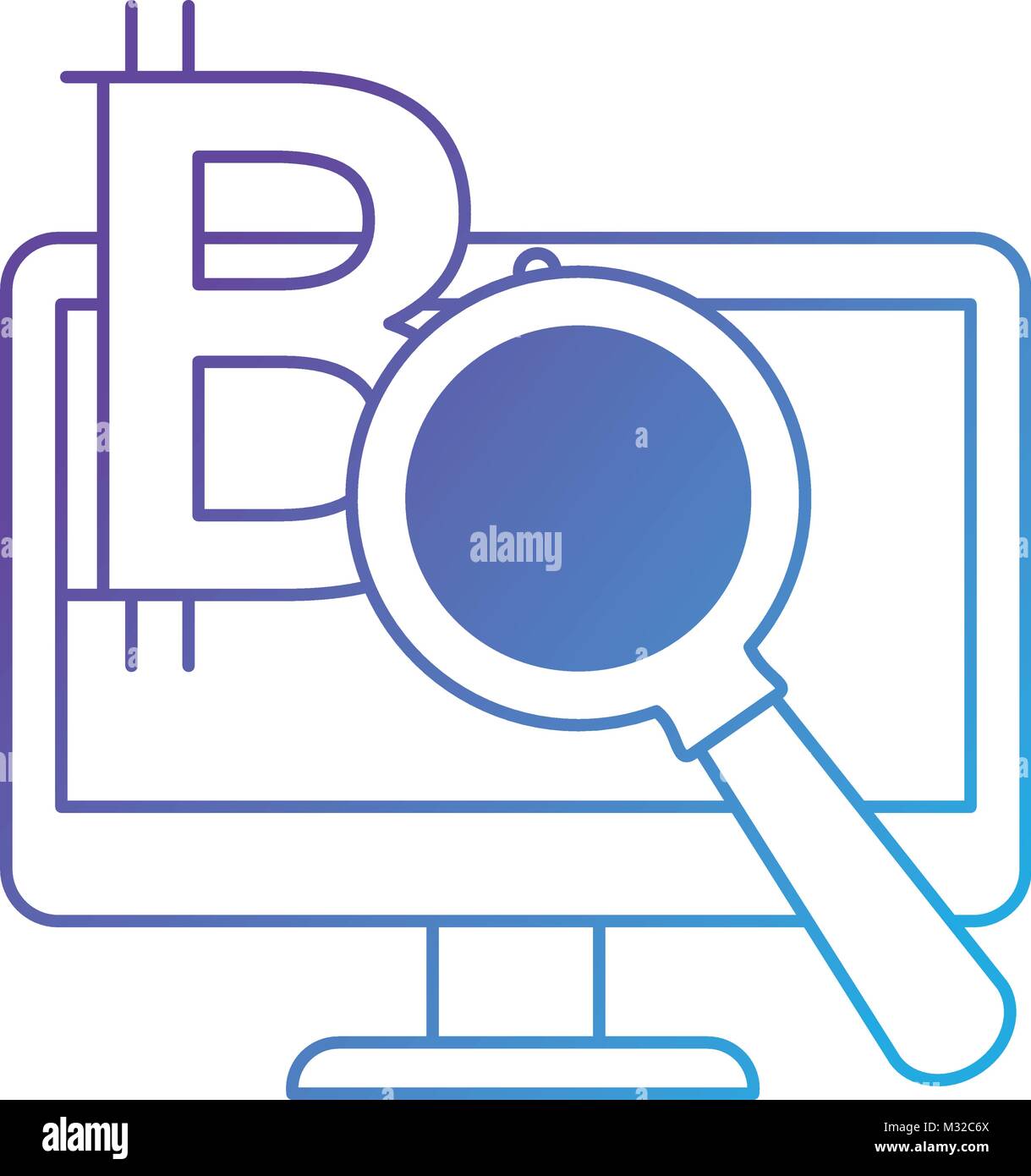 monitor computer with magnifying glass and bitcoin symbol Stock Vector ...