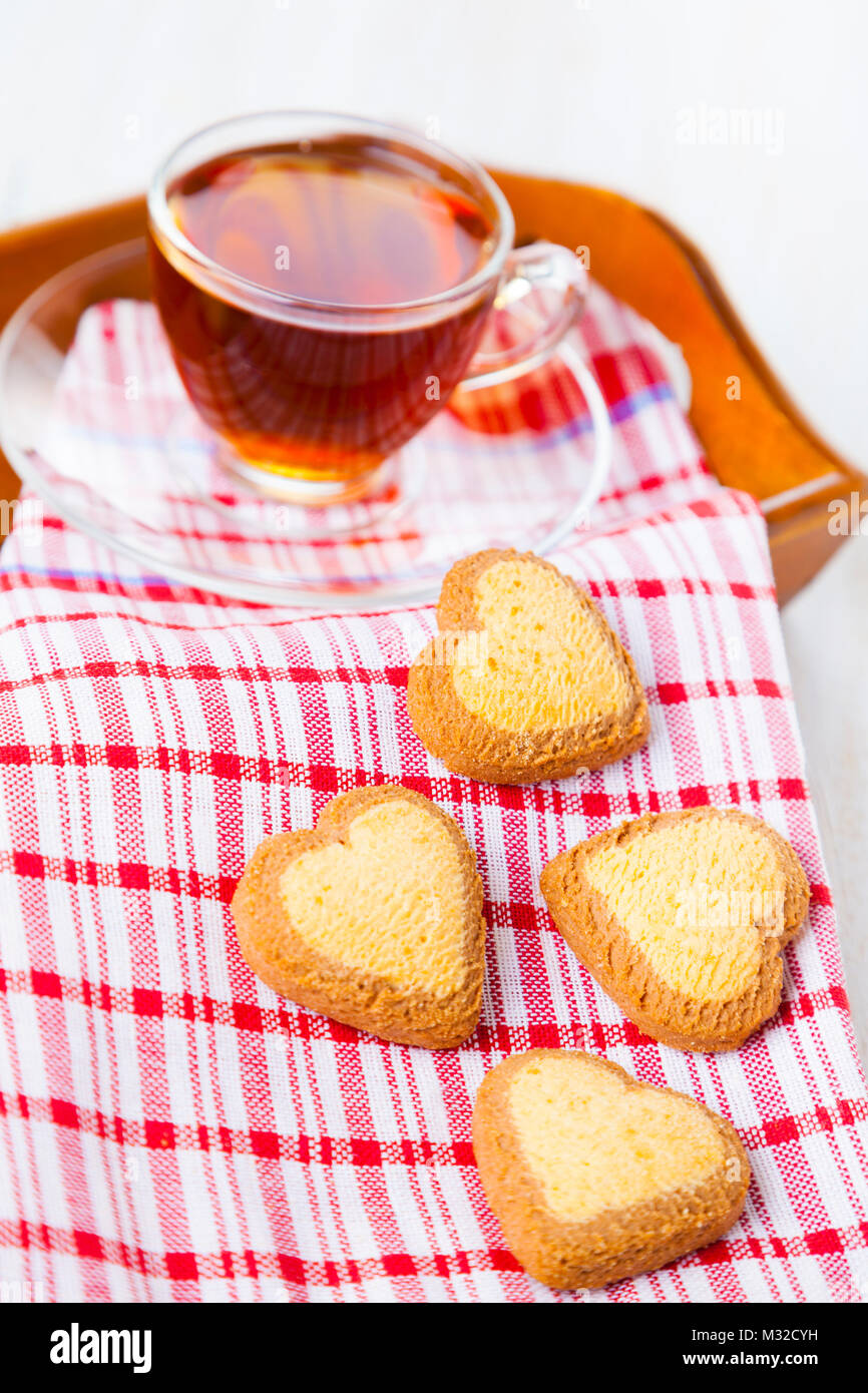 Heart-shaped cookies and tea for St. Valentine's Day. Romantic ...
