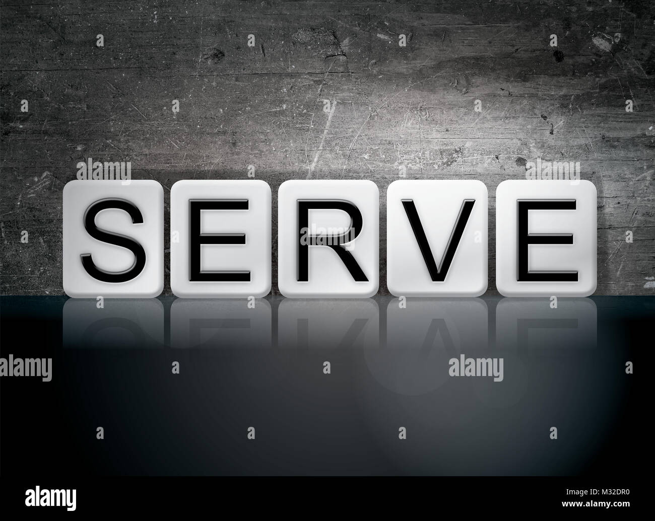 The word Serve concept and theme written in white tiles on a dark ...